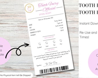 Tooth Fairy Receipt Printable Certificate, First Tooth Lost, Kids Tooth ...