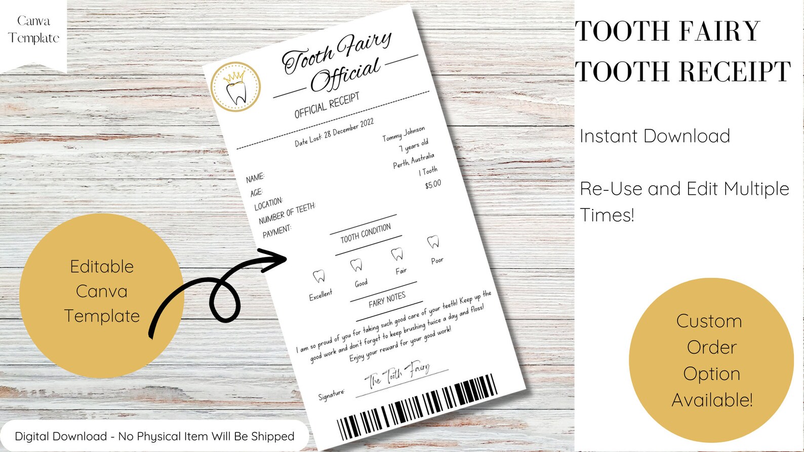 Editable Tooth Fairy Receipt Printable Certificate, First Tooth Lost ...