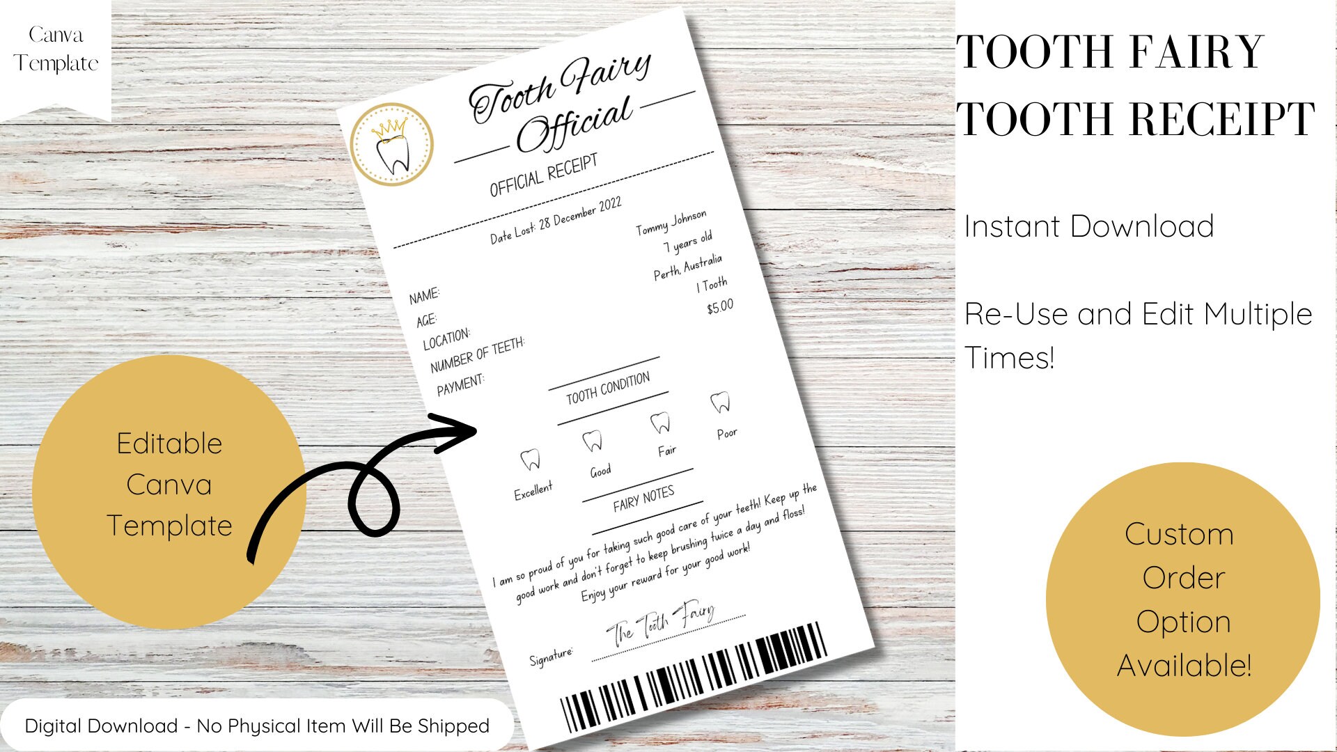 Editable Tooth Fairy Receipt Printable Certificate, First Tooth Lost ...