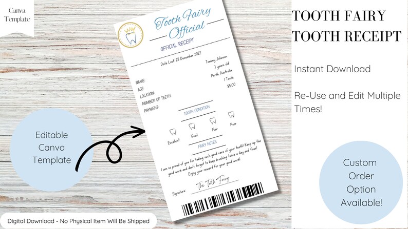 Editable Tooth Fairy Receipt Printable Certificate First - Etsy