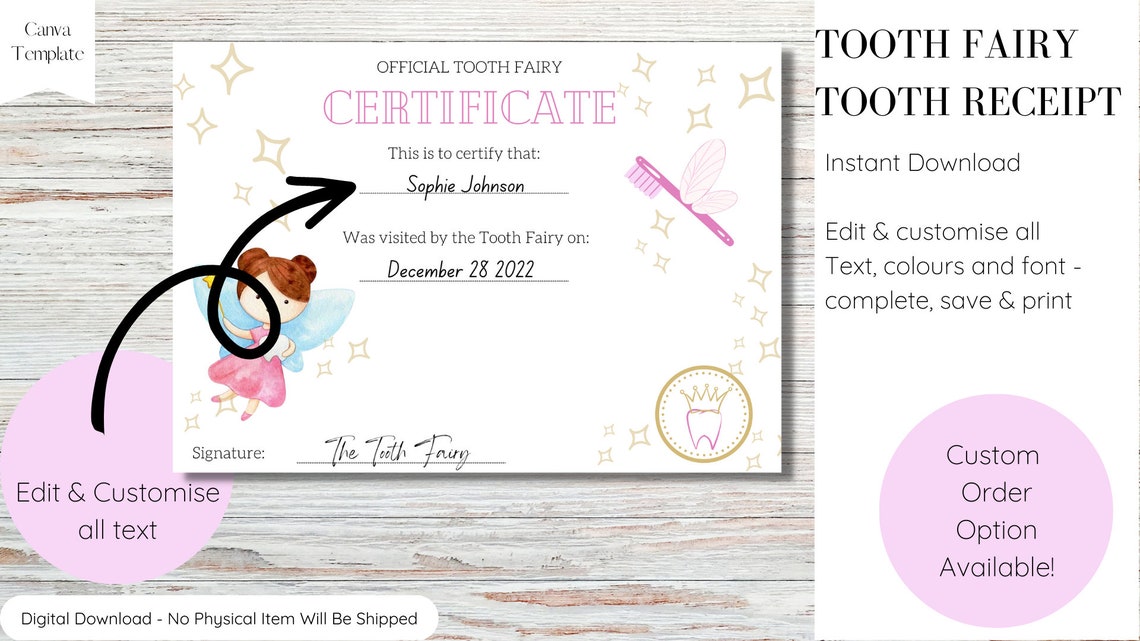 Editable Tooth Fairy Certificate Printable Certificate First - Etsy