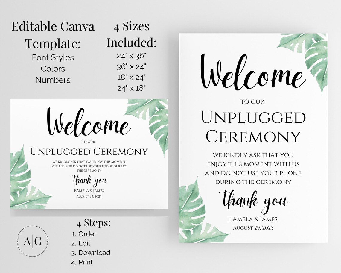 Tropical Unplugged Ceremony Welcome Sign Template | Editable Instant ...