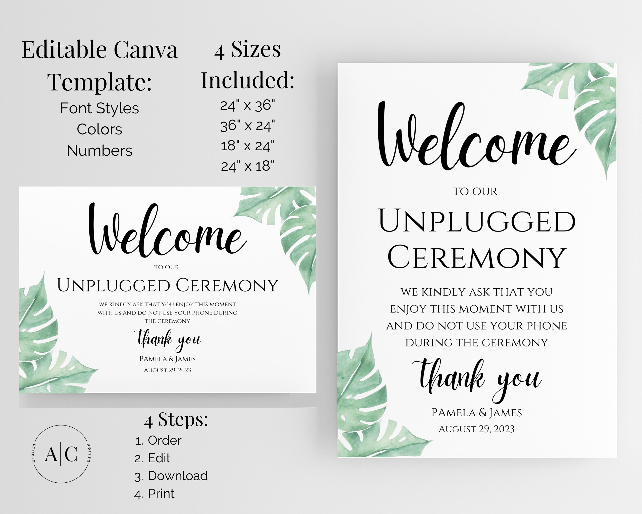 Tropical Unplugged Ceremony Welcome Sign Template | Editable Instant ...