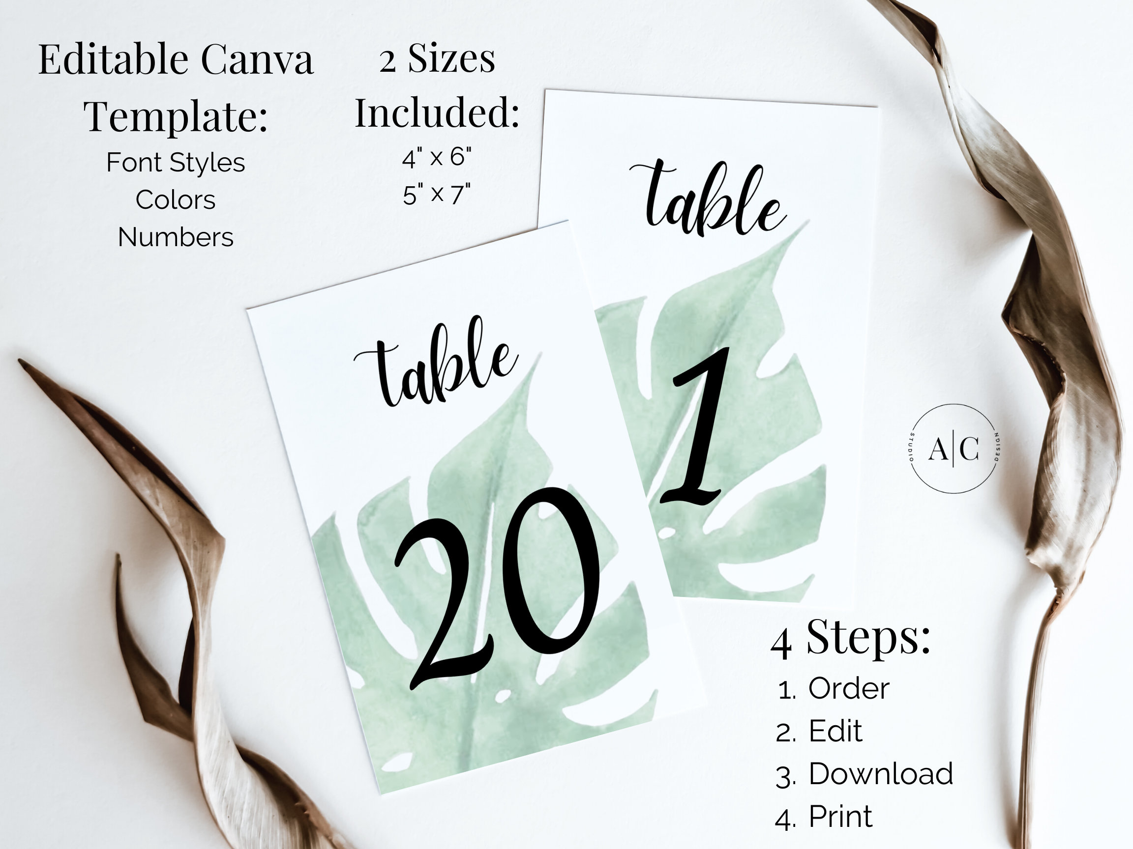 Simple Tropical Table Number Template Wedding Editable Table Number ...