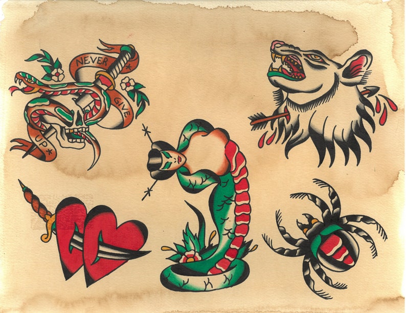 Traditional Tattoo Flash Snake Heart Wolf Spider Old School - Etsy