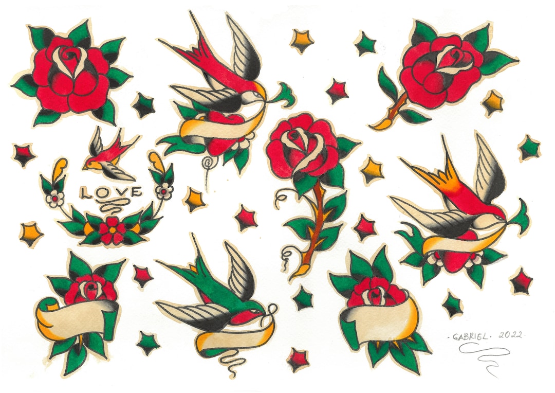 Traditional Tattoo Flash Rose Swallow Flower Old School - Etsy