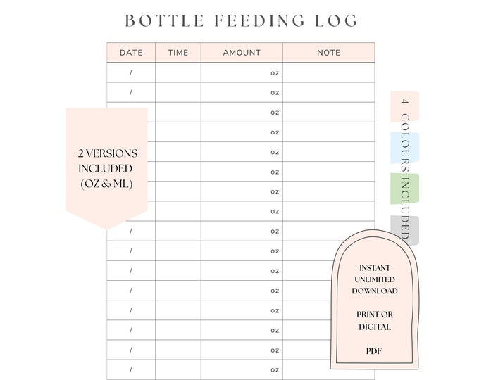 BOTTLE FEEDING LOG Formula Breastmilk Fed Baby Feeding Baby Tracker ...