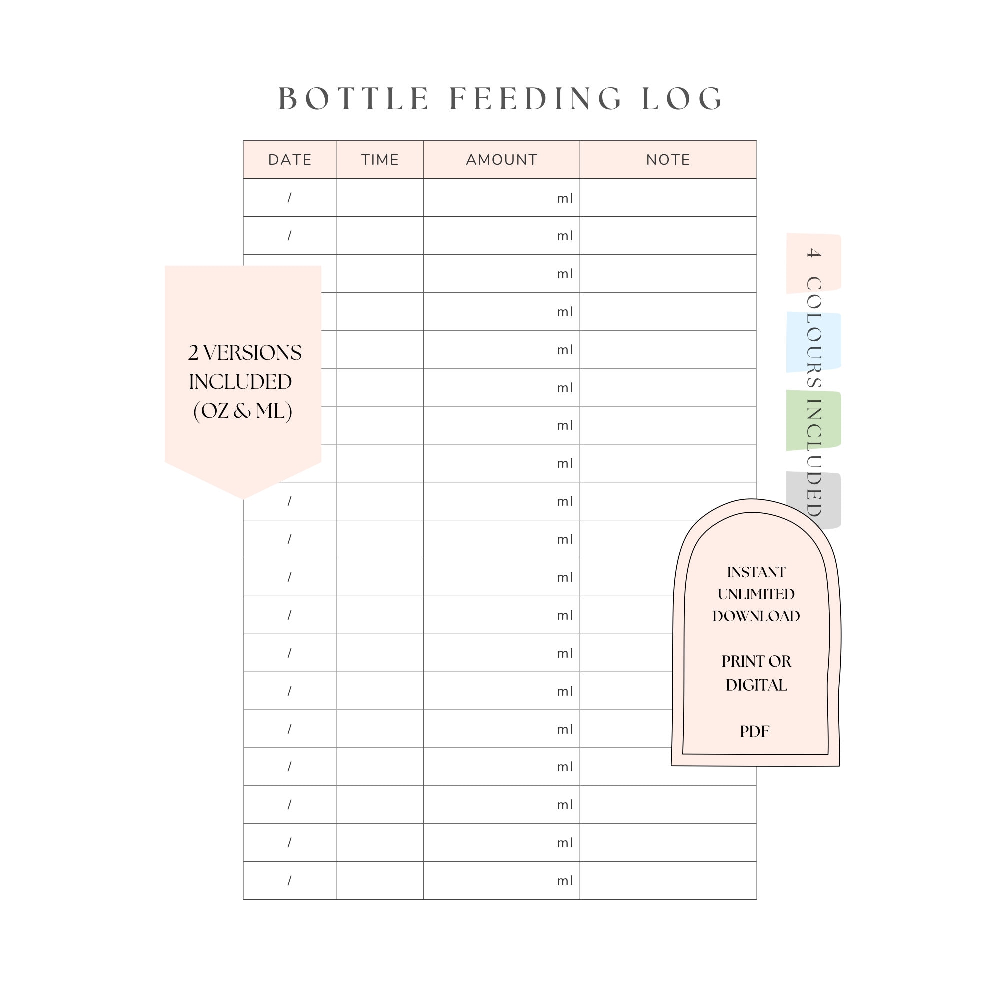 BOTTLE FEEDING LOG Formula Breastmilk Fed Baby Feeding Baby Tracker ...