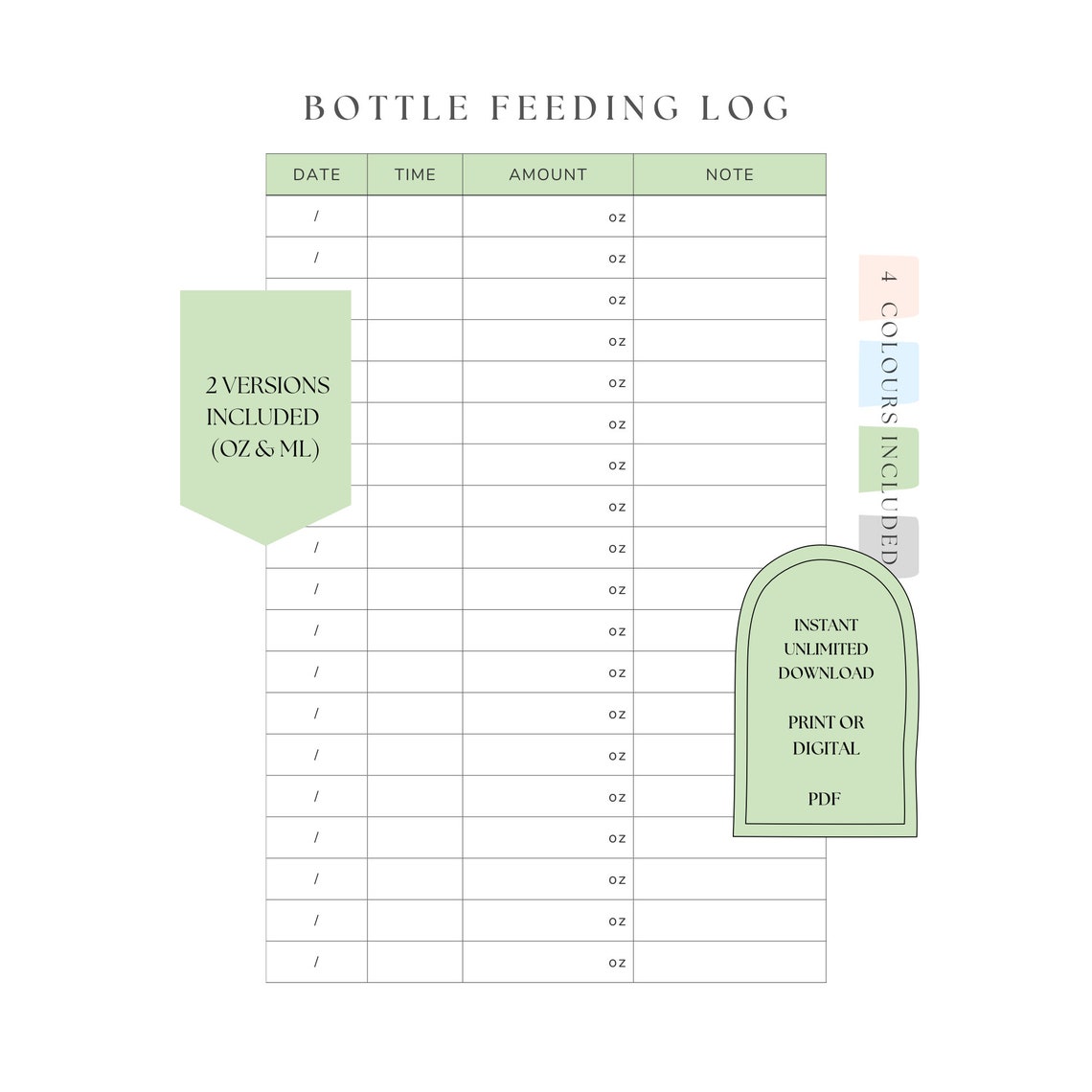 BOTTLE FEEDING LOG Formula Breastmilk Fed Baby Feeding Baby Tracker ...