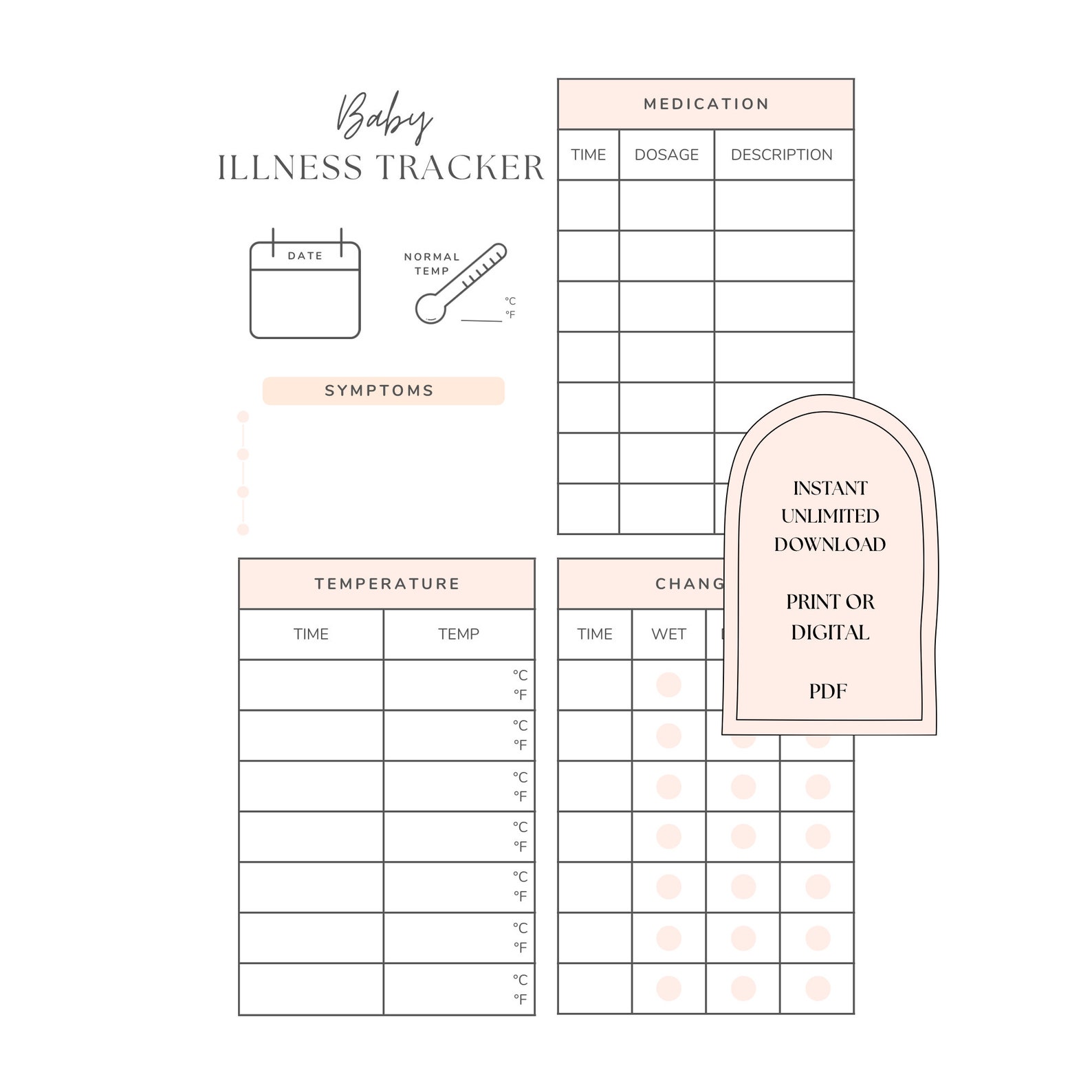 BABY ILLNESS TRACKER Medicine Sickness Log Track Temperature Baby ...