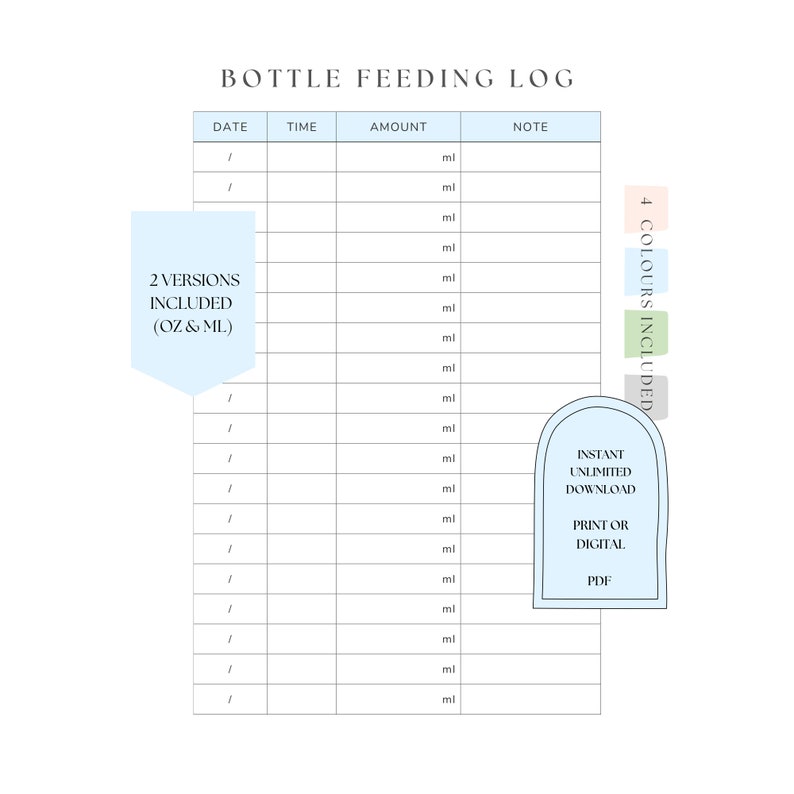 BOTTLE FEEDING LOG Formula Breastmilk Fed Baby Feeding Baby Tracker ...