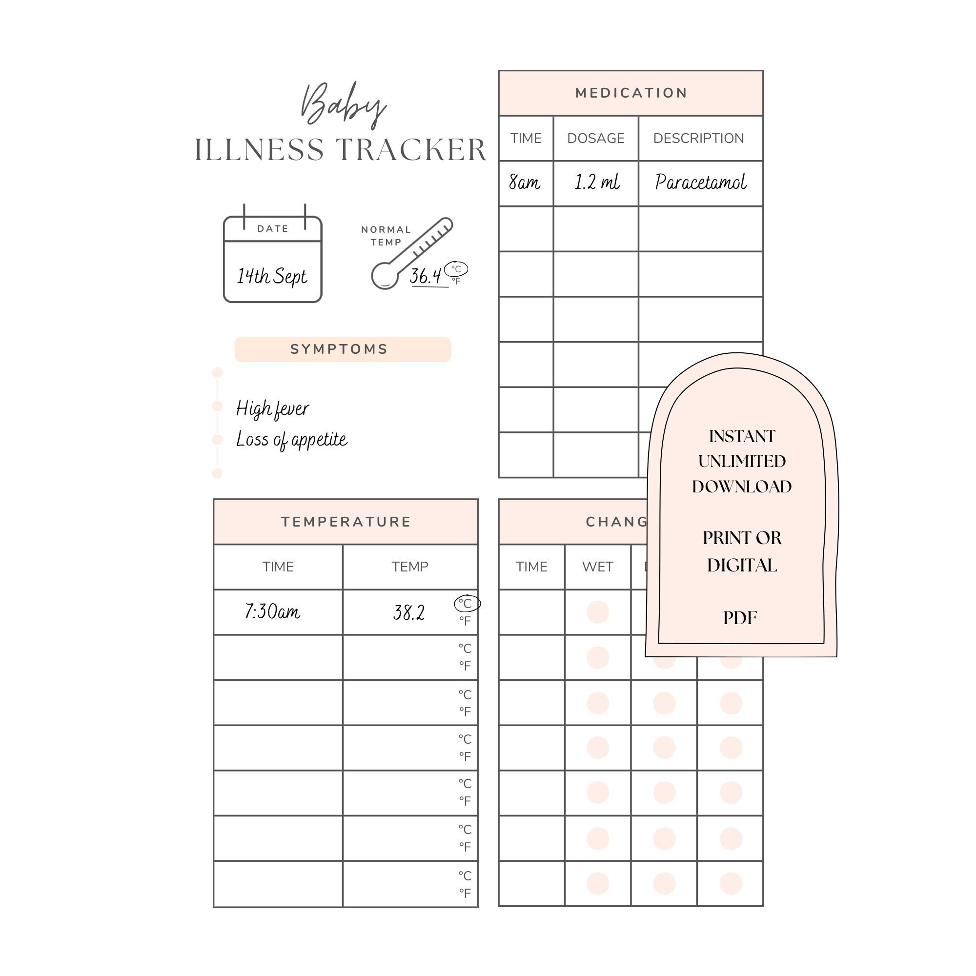 BABY ILLNESS TRACKER Medicine Sickness Log Track Temperature Baby ...