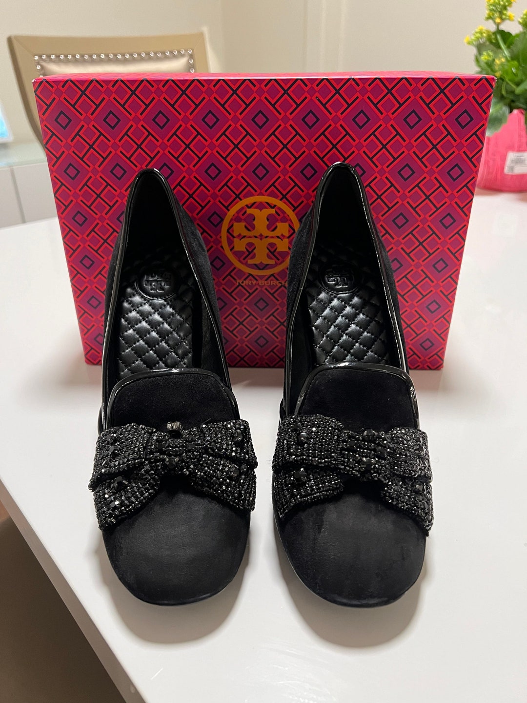 Tory Burch Carissa Embellished Suede Leather Block Heels Size 9.5 - Etsy
