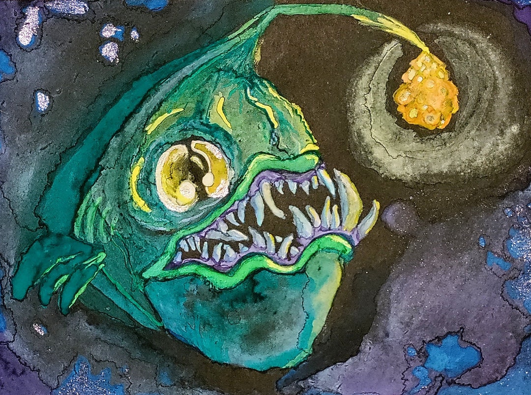 Deep Sea Neon Angler Fish Original Watercolor by Beyond the Grotto - Etsy