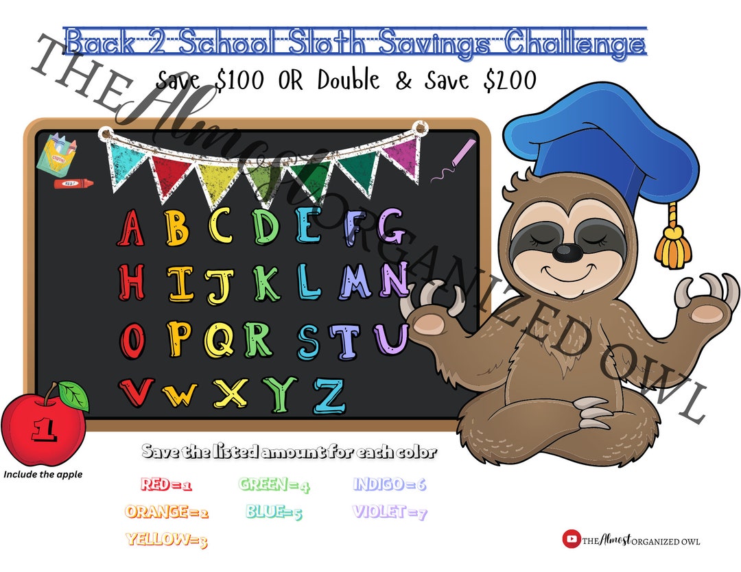 Back to School Sloth Savings Challenge College Dorm Savings Get Ready ...