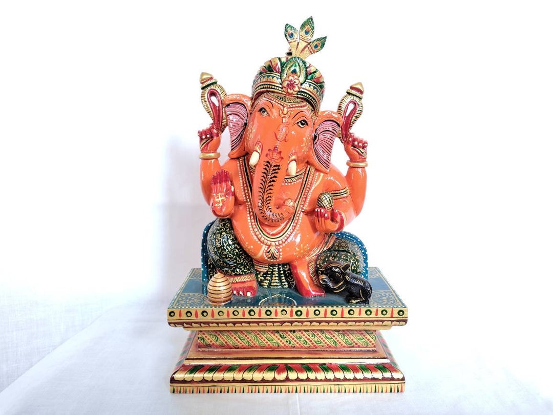 Lord Ganesh Statue, 12" Wooden Ganesha Statue, Large Ganesh Statue ...