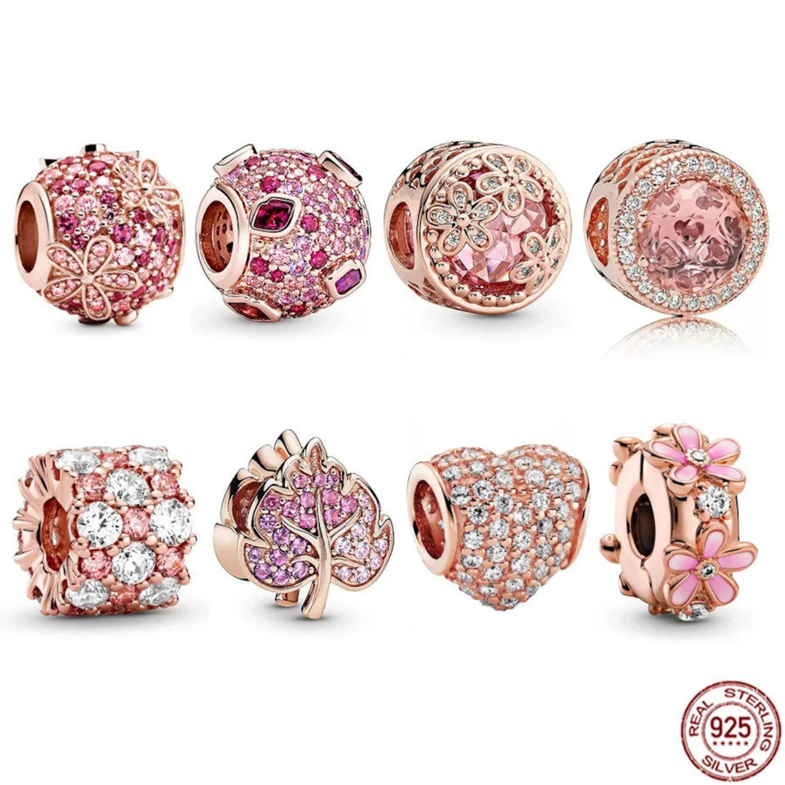 PR Charms Rose Gold Plated Pink Pave Daisy Flower Charm S925 Sterling ...