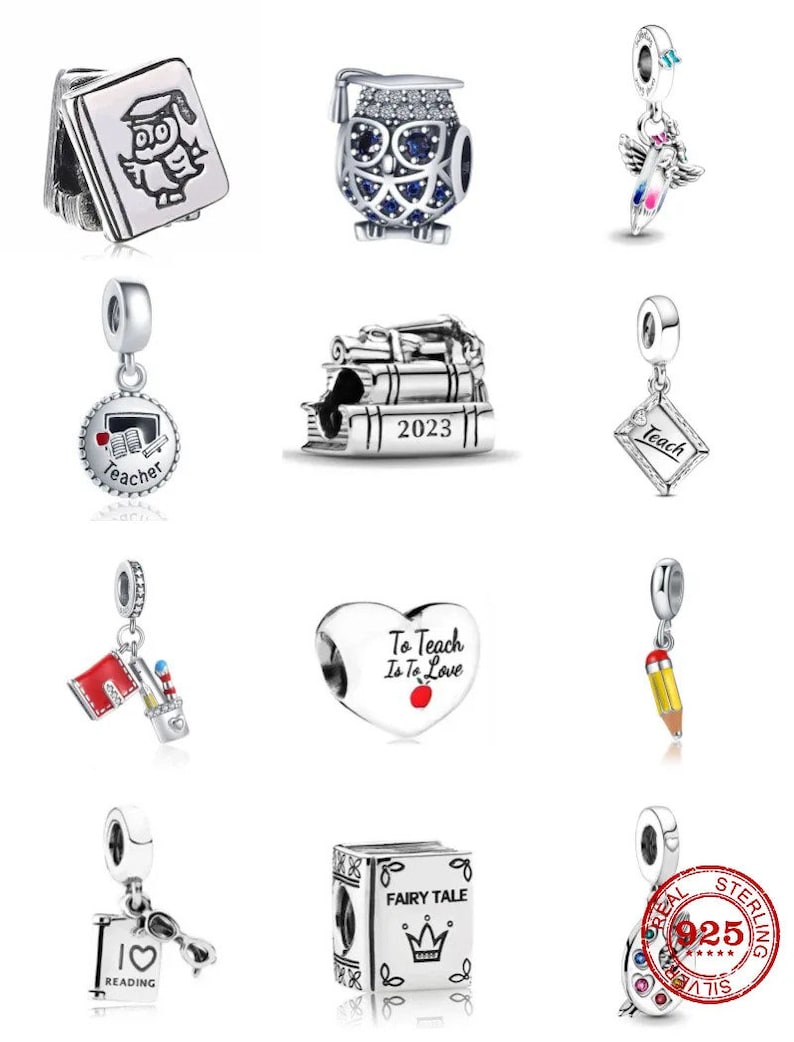 Sterling Silver Teacher Charms: Enamel Notebook, Pencil Pendant - Etsy