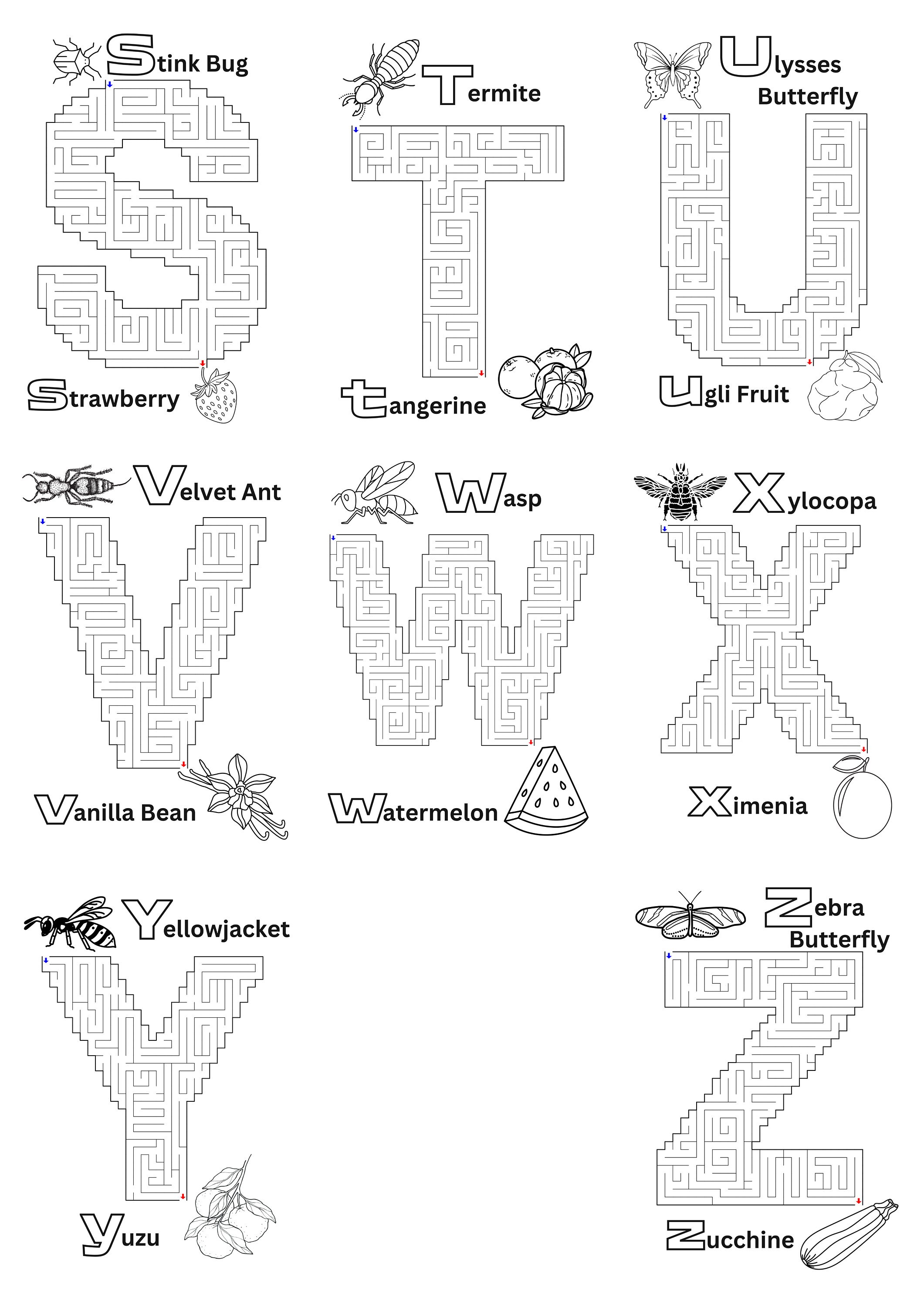 Alphabet Maze Game Educational Kids Puzzle A-Z Maze Set Insect and ...