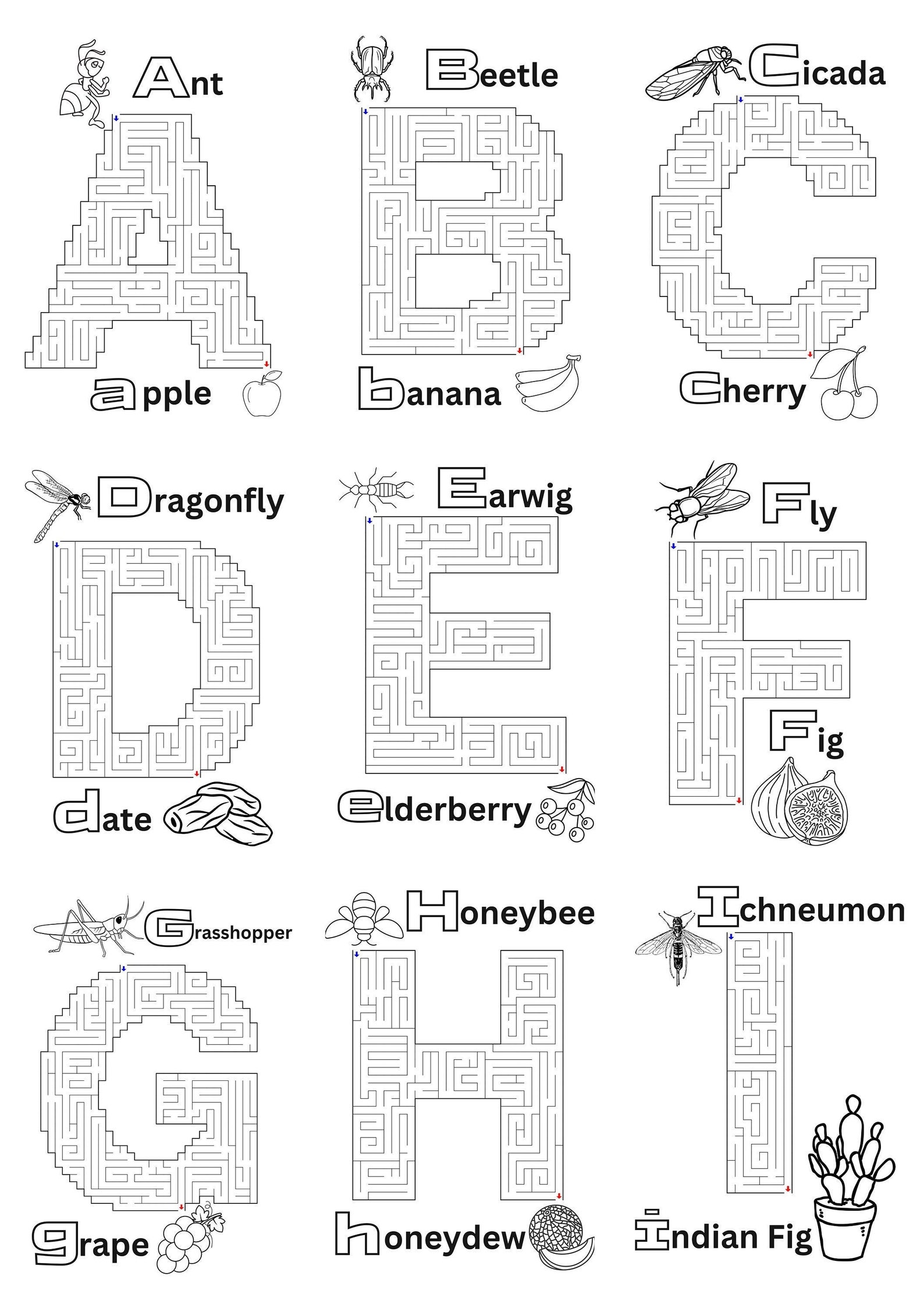 Alphabet Maze Game Educational Kids Puzzle A-Z Maze Set Insect and ...