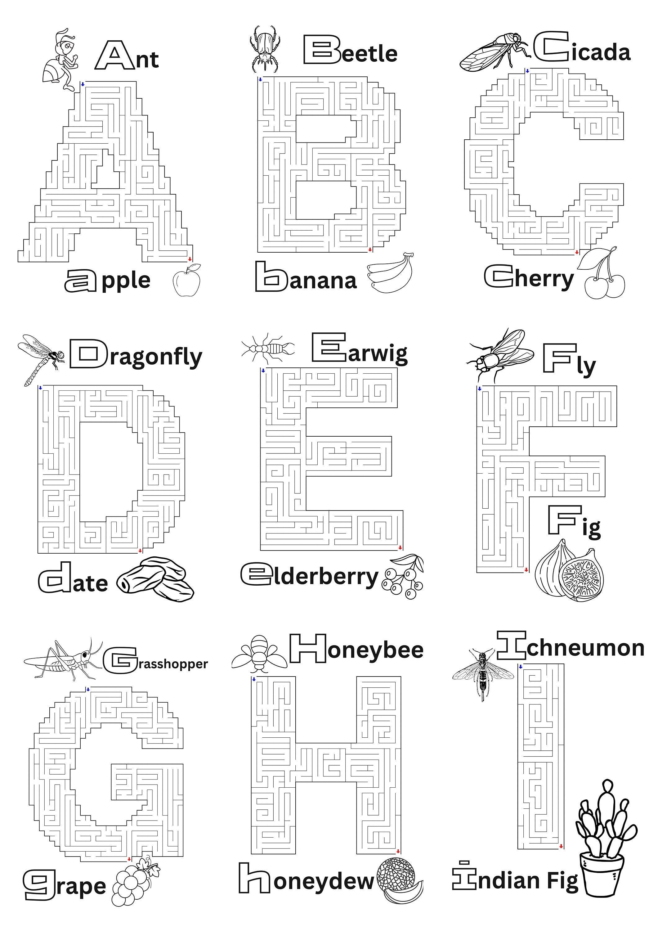Alphabet Maze Game Educational Kids Puzzle A-Z Maze Set Insect and ...