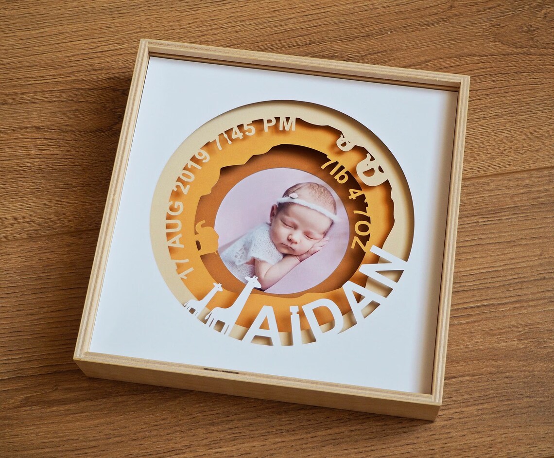 Baby Birth Stats Shadow Box, Baby Photo Frame Safari, Birth Stats SVG ...
