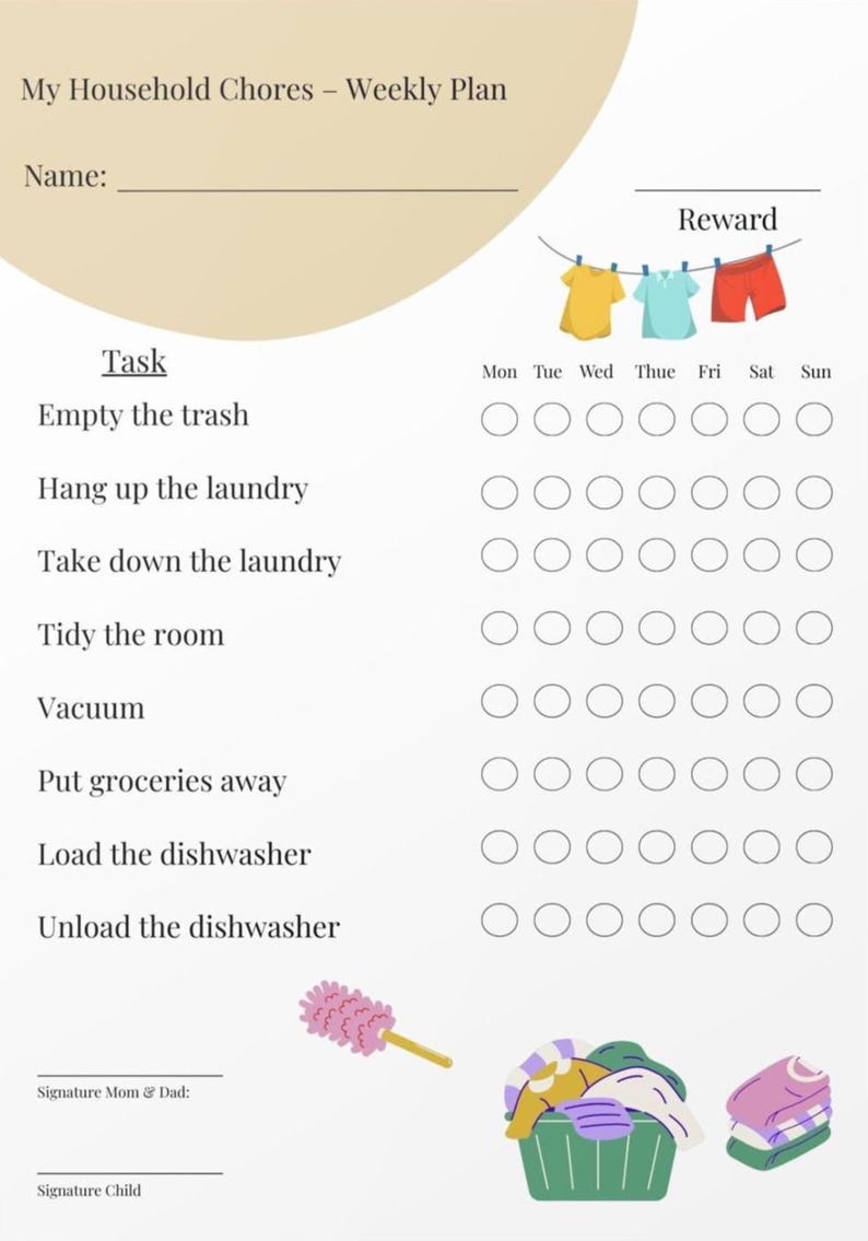 Kids Chore Chart Printable | Weekly Household Task Planner ...
