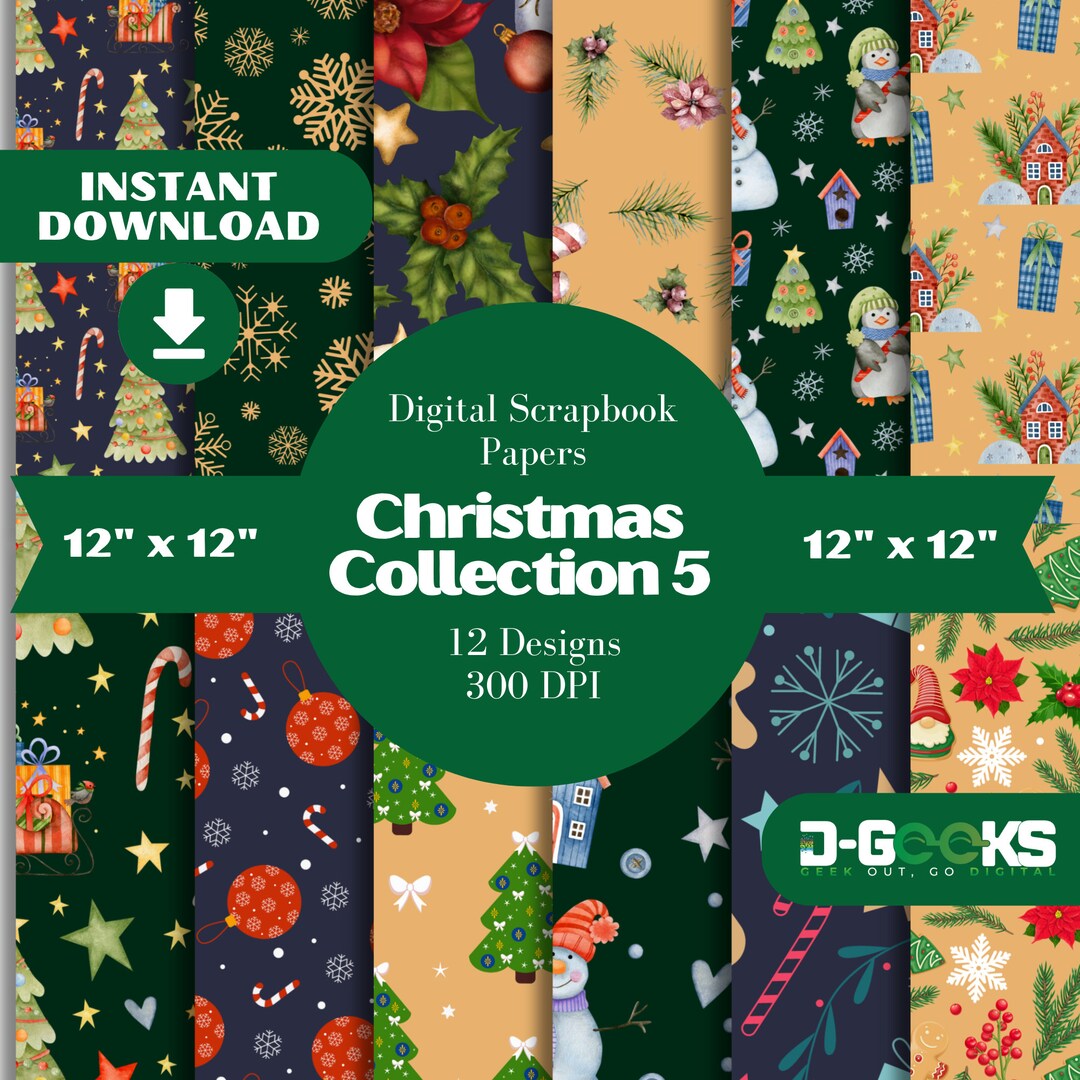 Printable Christmas Papers Kit, Christmas Scrapbook 5 Digital Paper for ...