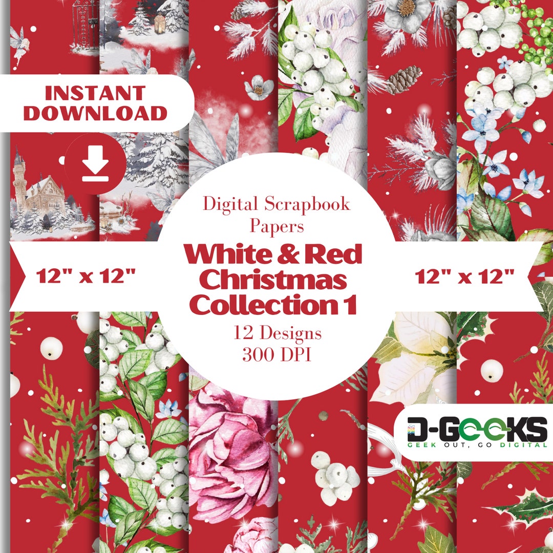 Christmas Decorations Digital Papers Set, White & Red Poinsettia ...