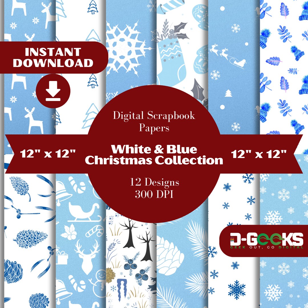 White & Blue Christmas Digital Paper Set - 12 Seamless Designs: High ...