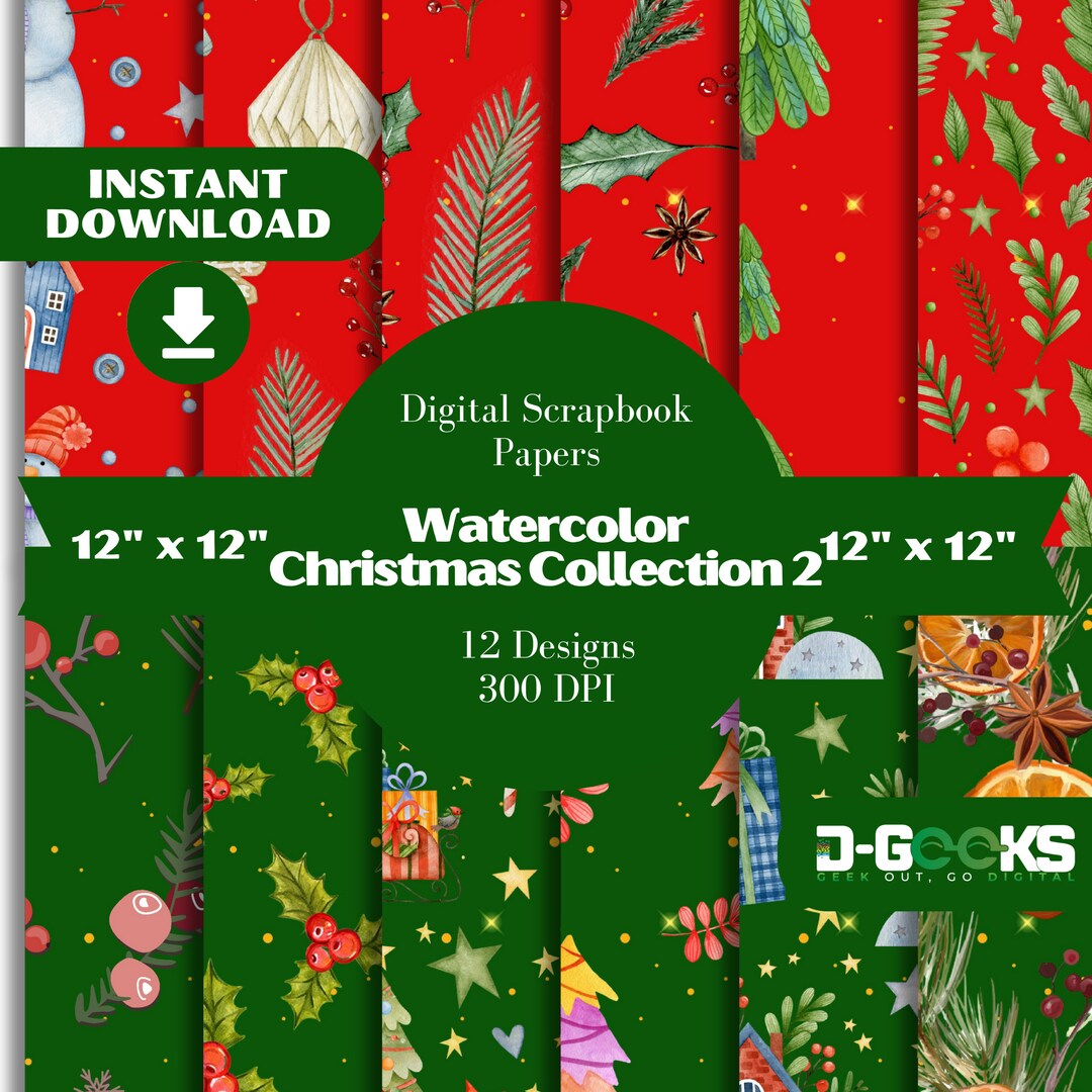 Watercolor Printable Christmas Digital Paper, Textured Red & Green ...
