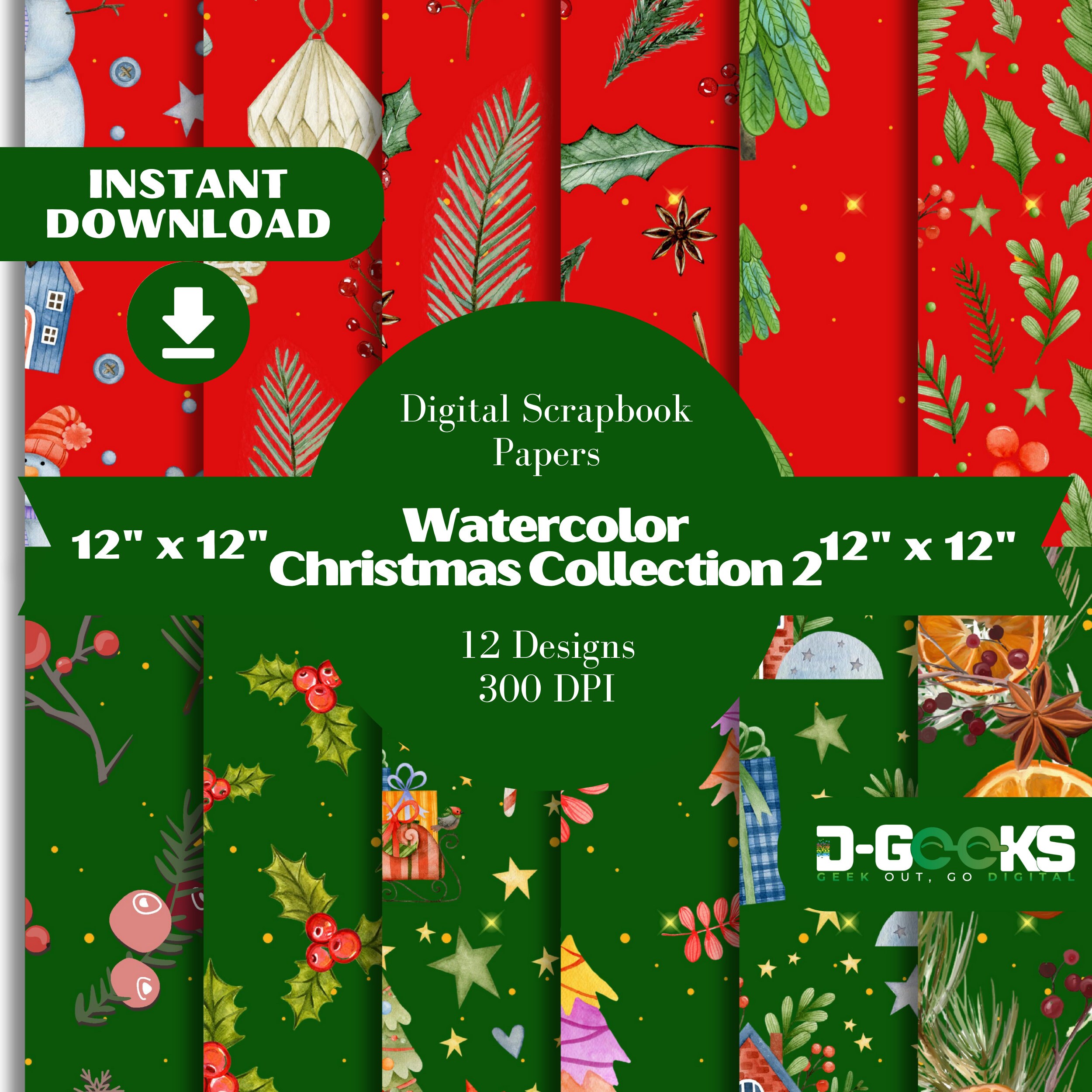Watercolor Printable Christmas Digital Paper, Textured Red & Green ...