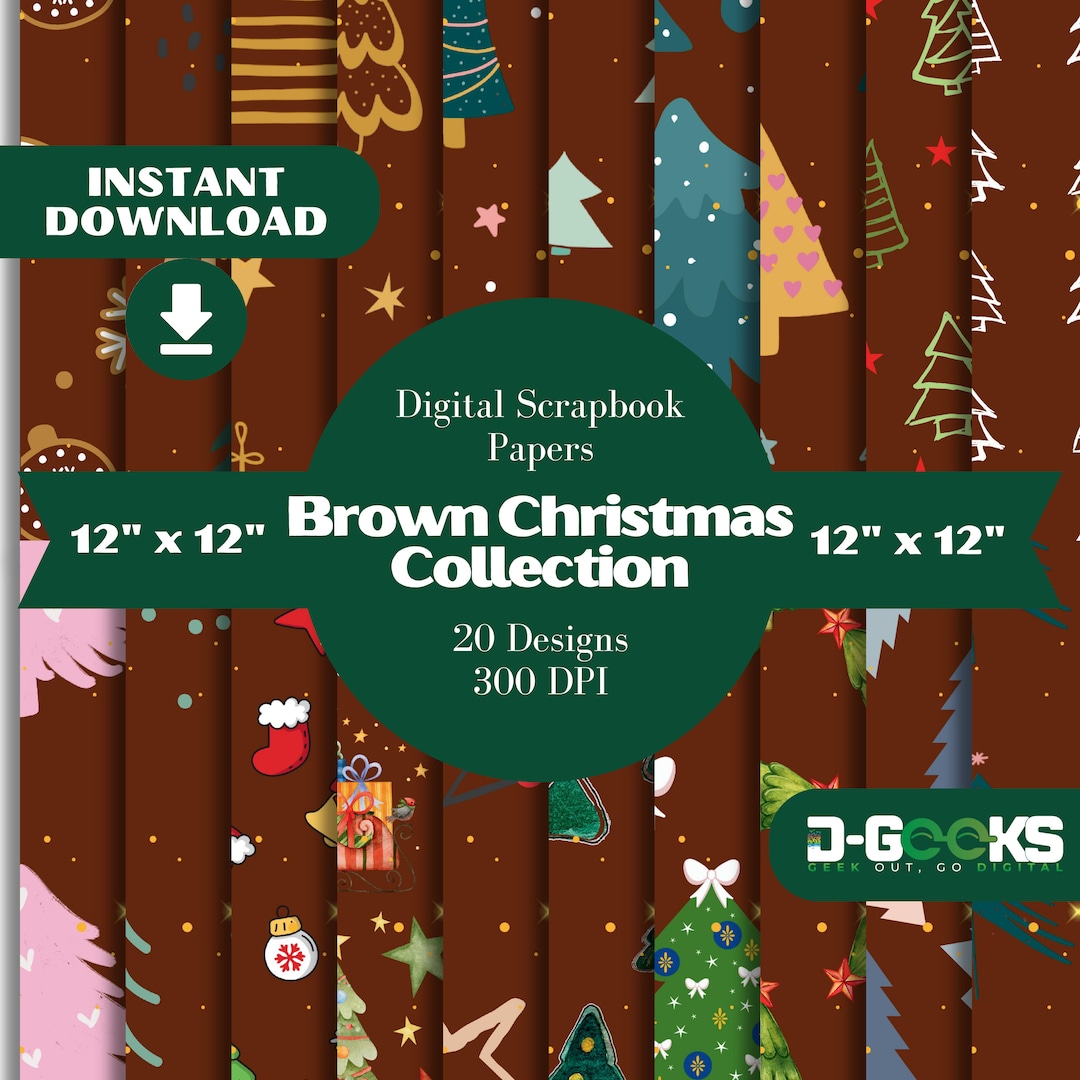 Brown Christmas Digital Paper, Traditional Christmas Digital Paper Tree ...