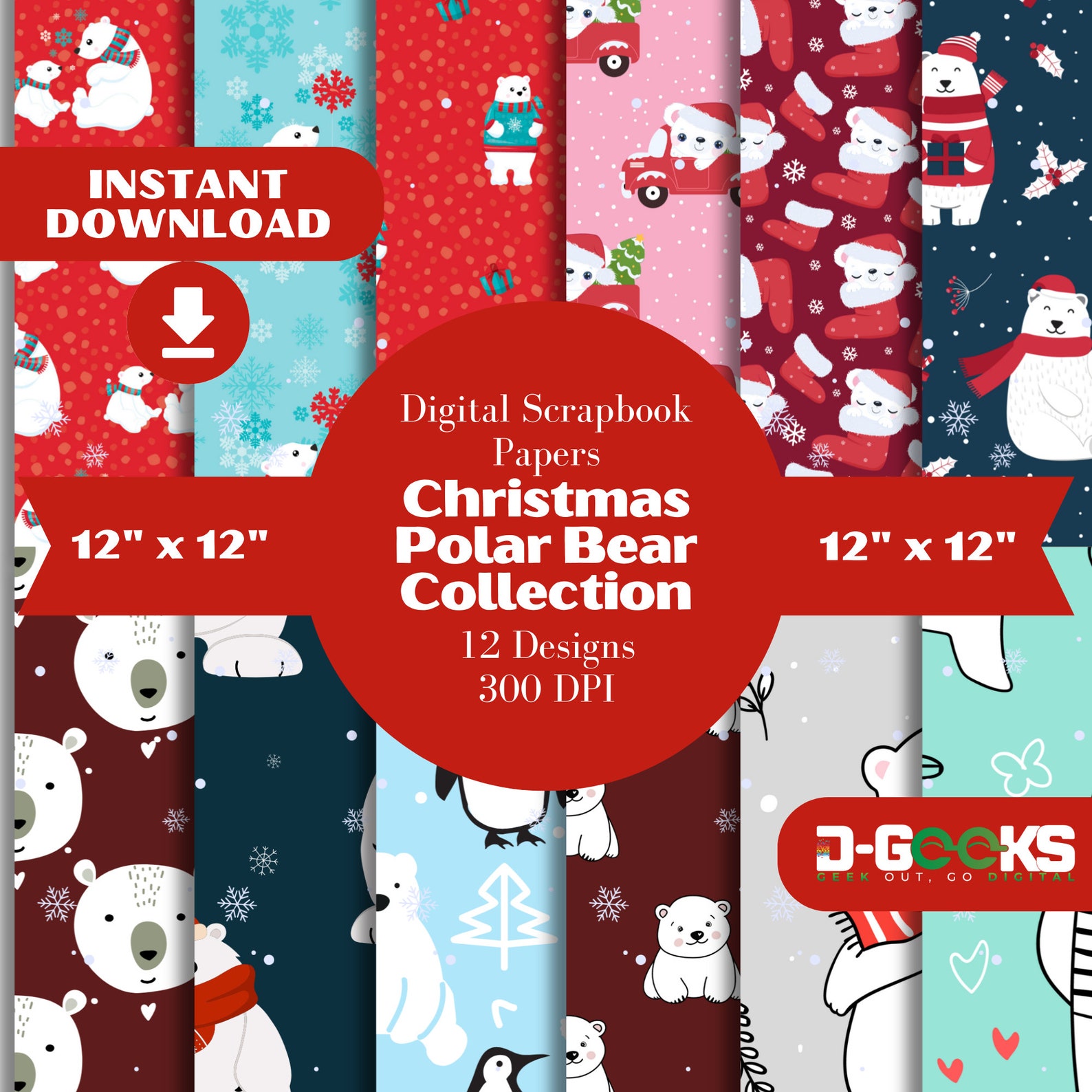 Winter Wonderland Polar Bear Digital Paper Pack: 12 Designs, 12"x12 ...