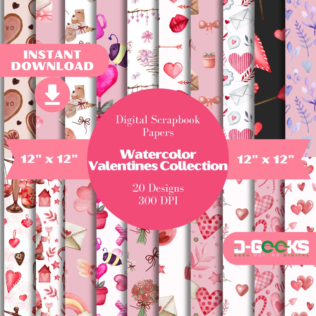 Watercolor Papers Valentines Collection Digital Paper: 20 Designs, 300 ...