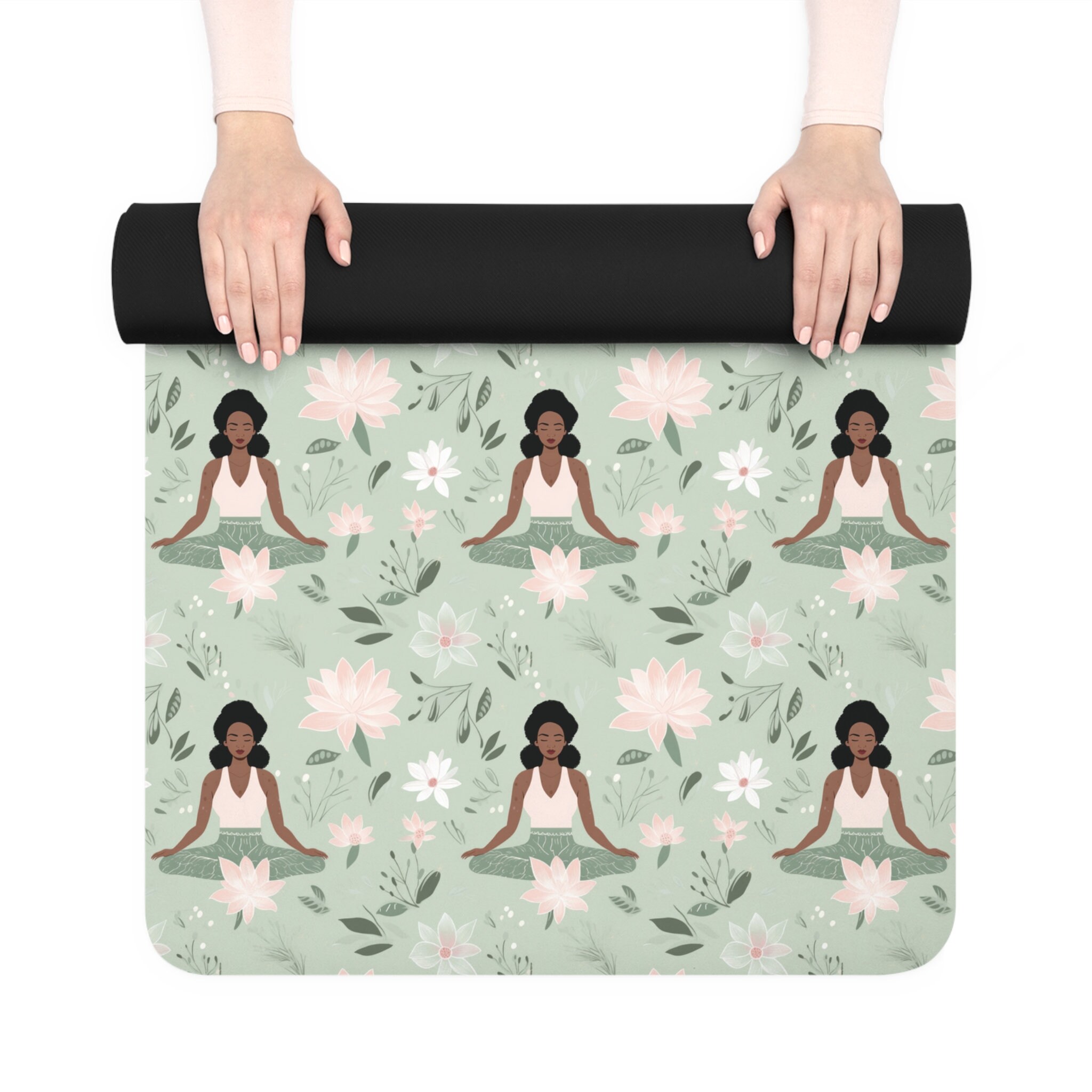 African American Pink & Sage Green Meditation Mat Brown Girl Pilates ...