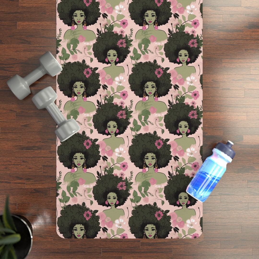 Black Woman Pink Afro Yoga Mat| African American Pilates Meditation ...