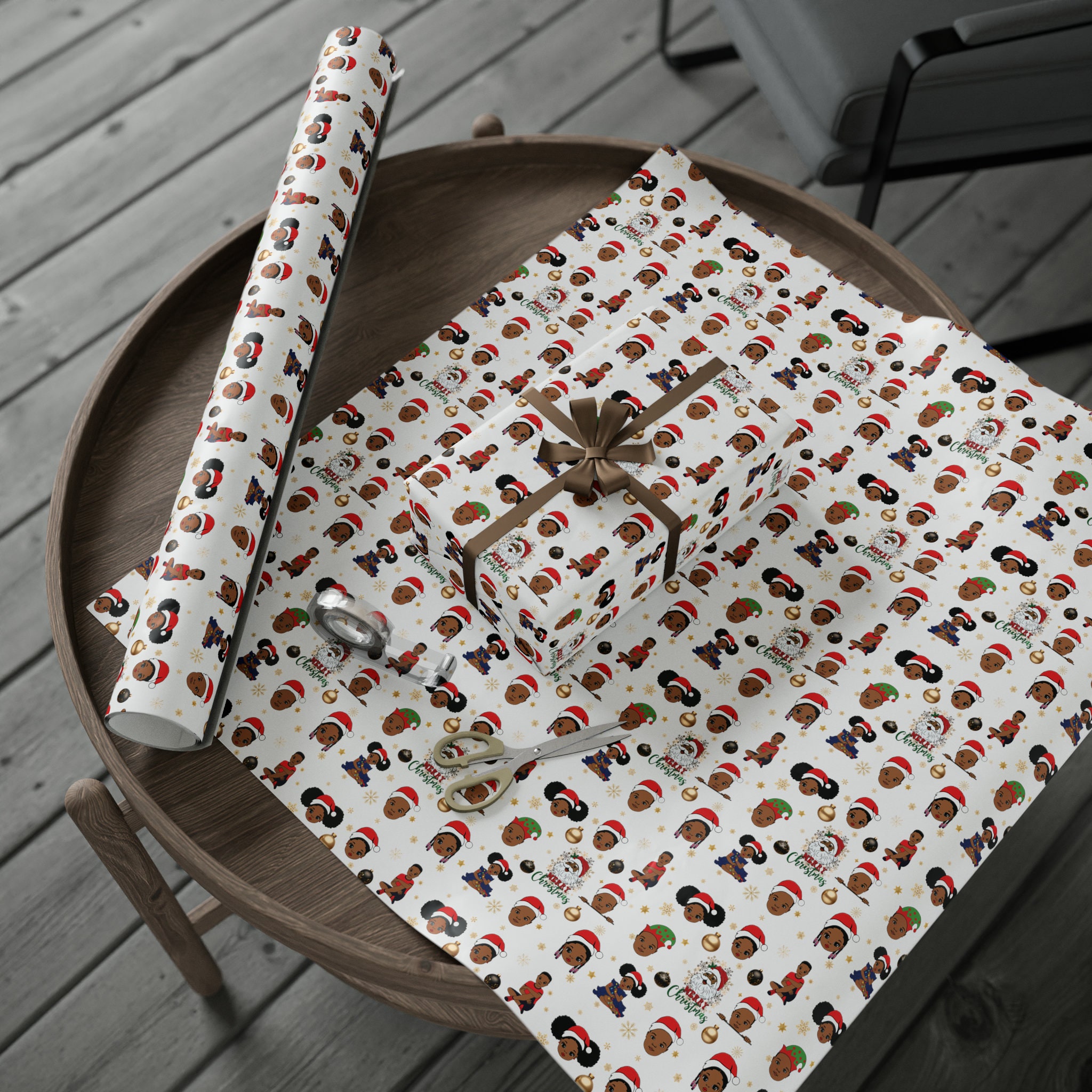 African American Wrapping Paper Cute Black Santa and Kids Christmas ...