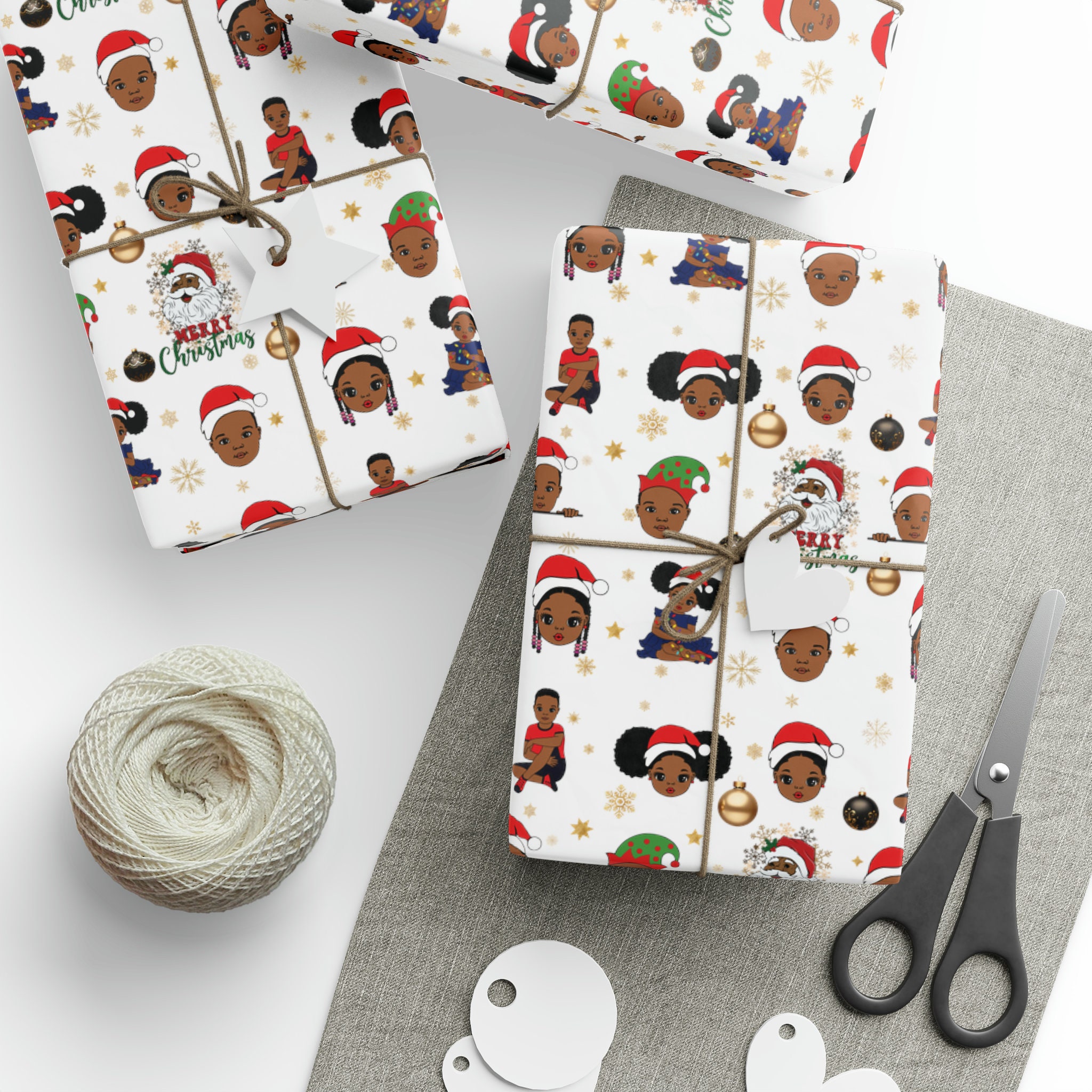 African American Wrapping Paper Cute Black Santa and Kids Christmas ...