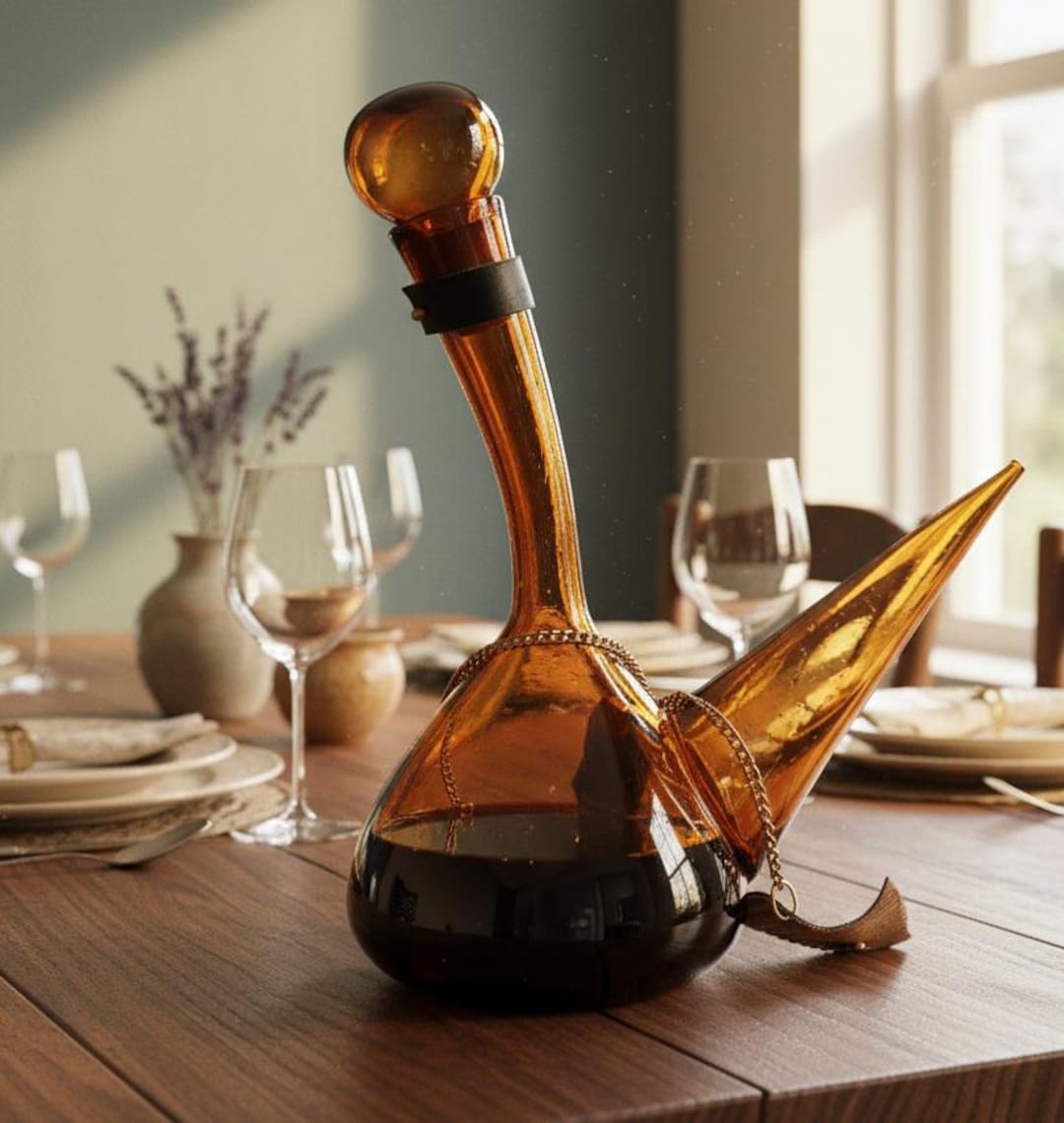 Vintage Amber Glass Wine Decanter - Handcrafted Porron Style Decanter ...