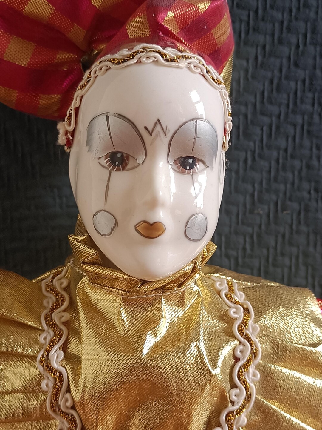 Vintage Harlequin Clown Collectible Doll - Porcelain and Gold/pink Silk ...