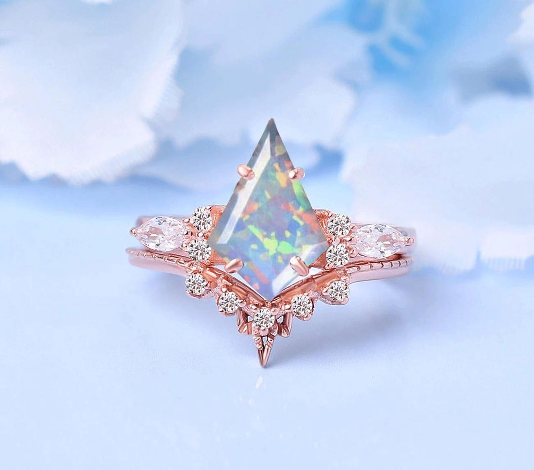 Opal Kite Ring Set | Moissanite Curve Band | Unique Kite Cut Opal ...