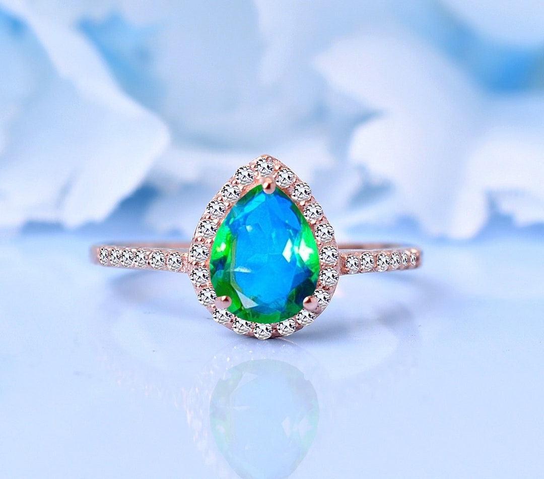 Peacock Quartz Bridal Engagement Gold Ring | Quartz Pear Cut Halo Ring ...