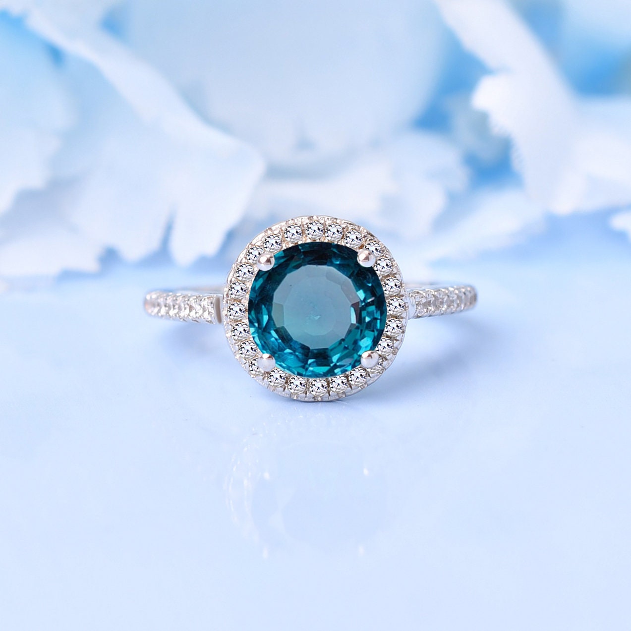 Ocean Teal Sapphire Engagement Ring | Moissanite Halo, Sterling Silver ...