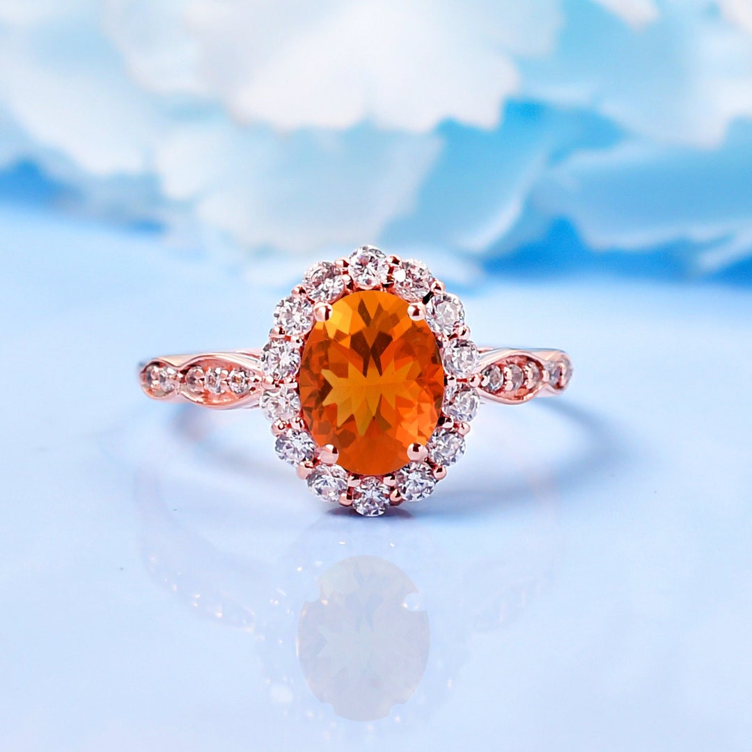14K Rose Gold Fire Opal Ring | Art Deco Moissanite Cluster - Etsy