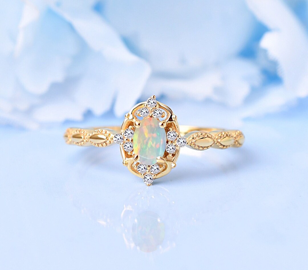 Art Deco Opal Ring | White Opal Vintage Ring | 14K Gold Opal Ring ...