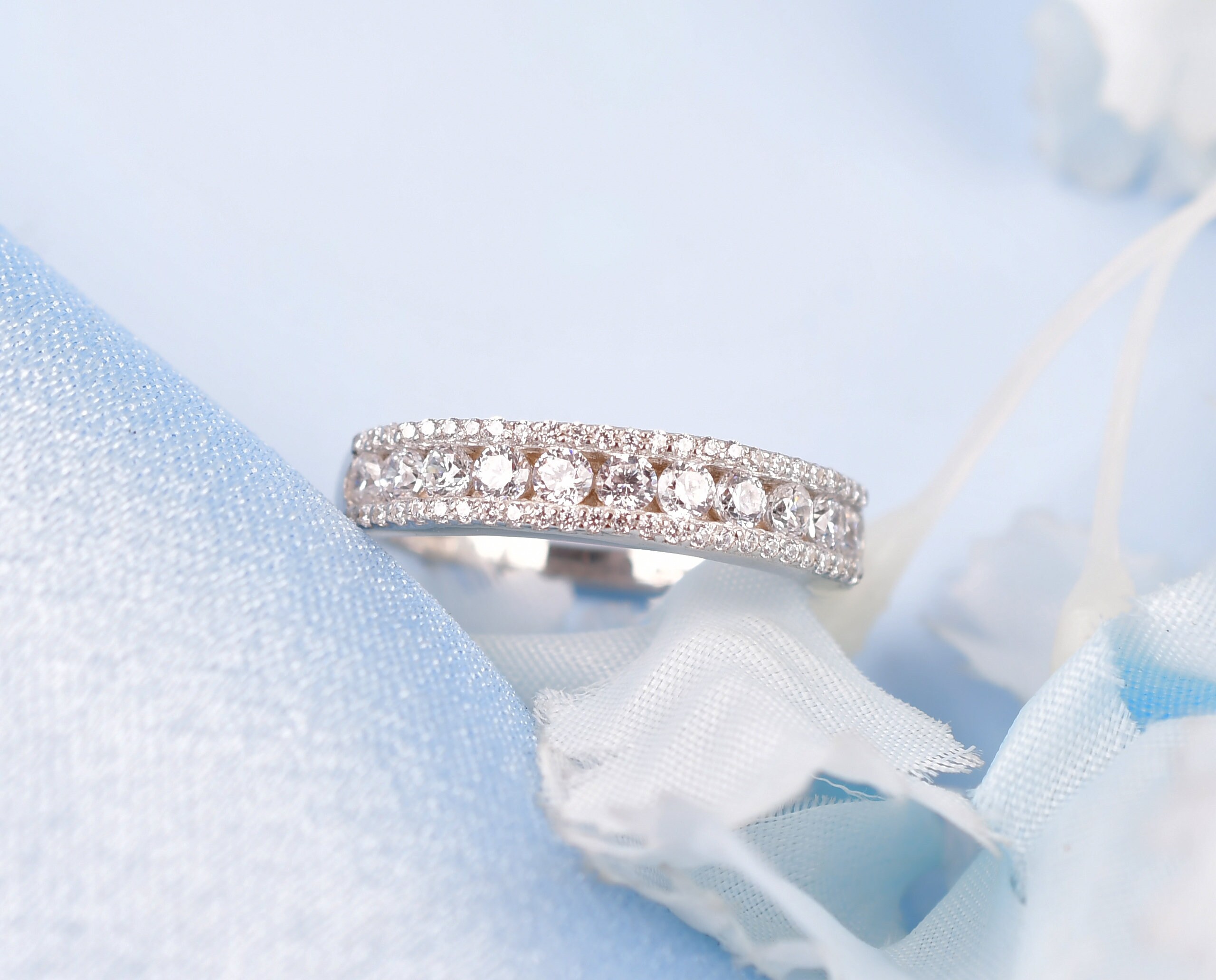 Triple Row Half Eternity Band for Women Round Moissanite - Etsy
