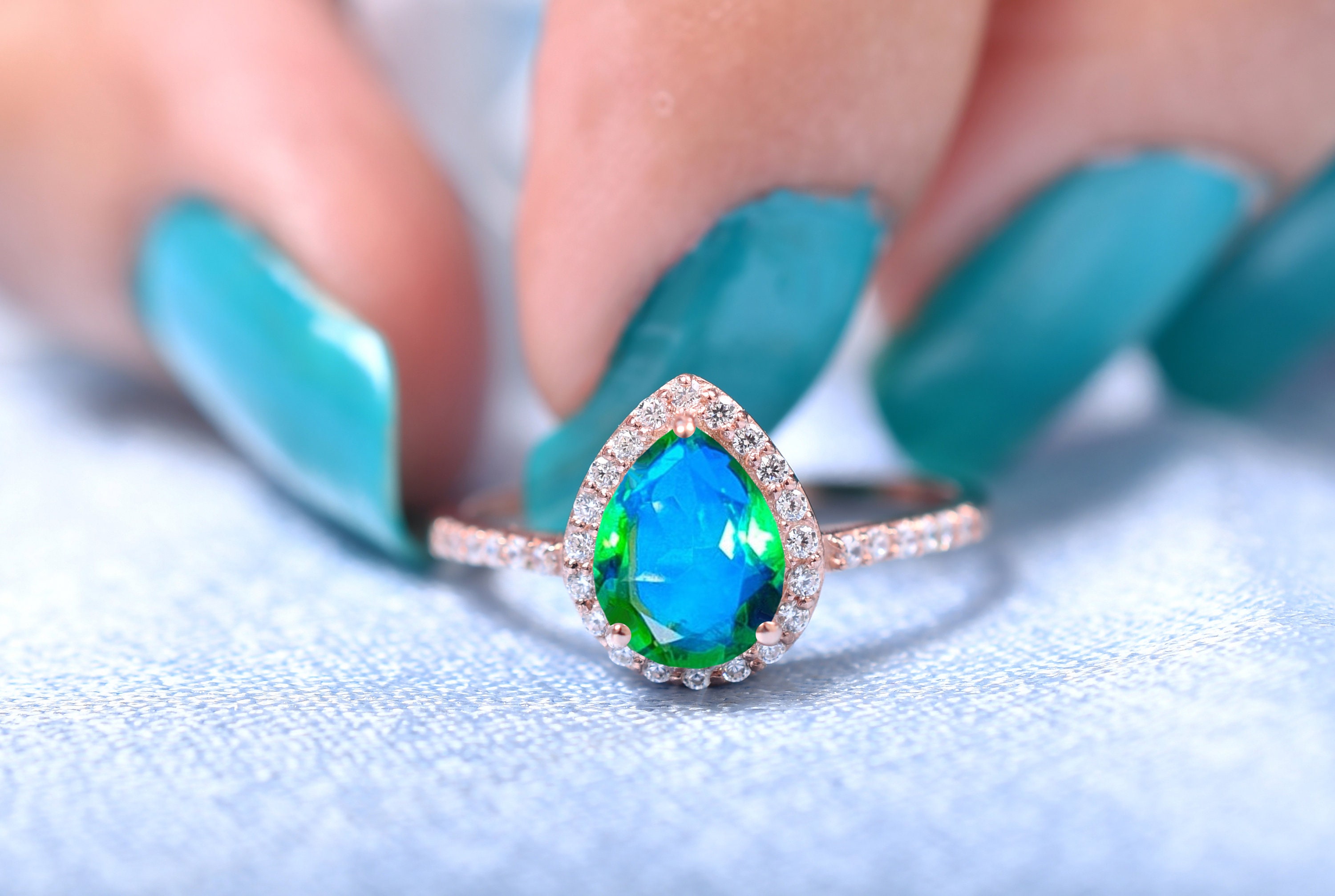 Peacock Quartz Bridal Engagement Gold Ring Quartz Pear Cut Halo Ring ...