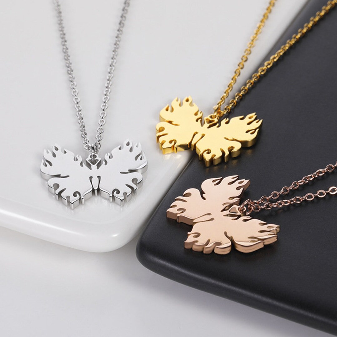Flaming Butterfly Cuban Chain Necklace Stainless Steel Flame - Etsy