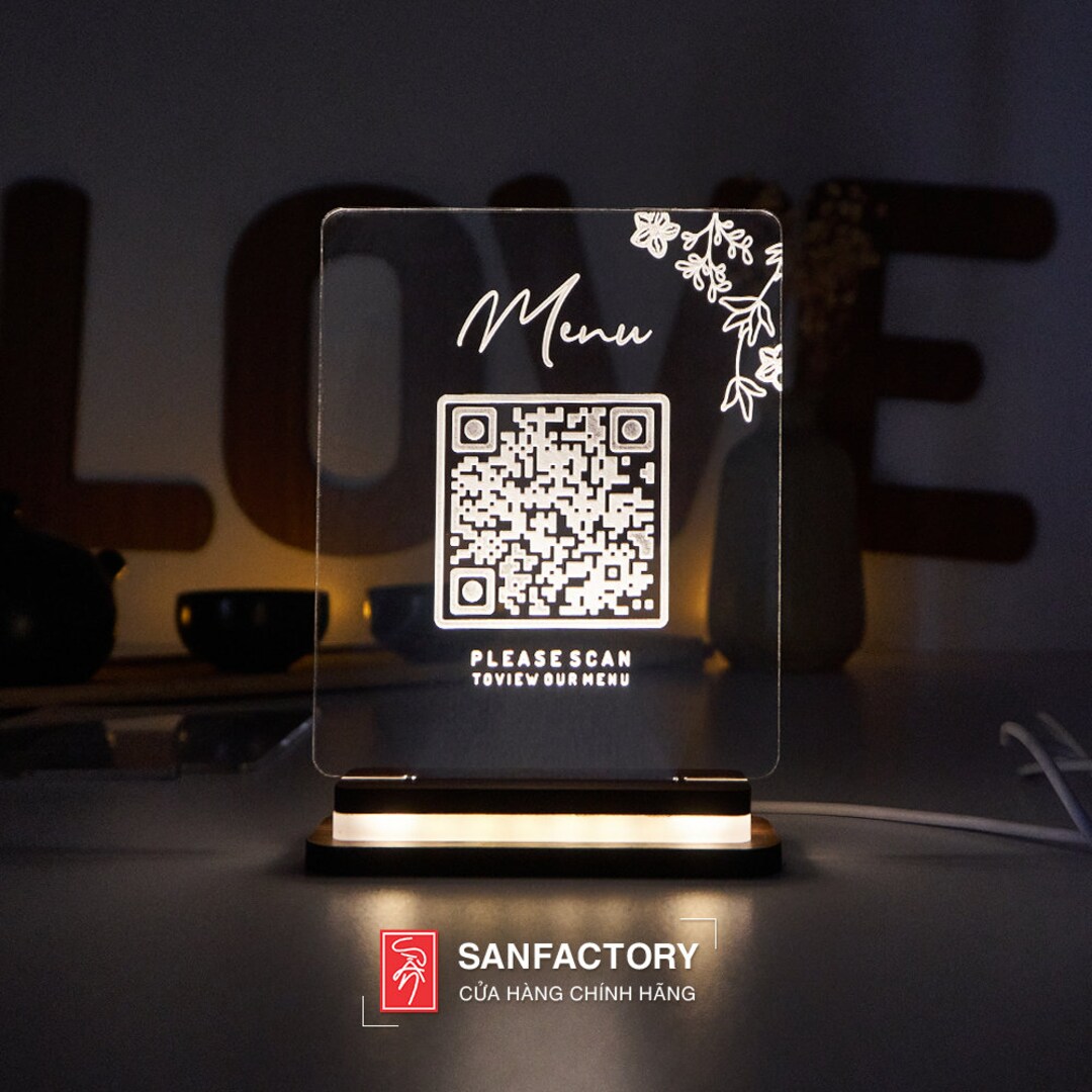 Custom LED Qr Code Menu Sign, LED Decor With Natural Wood Base ...